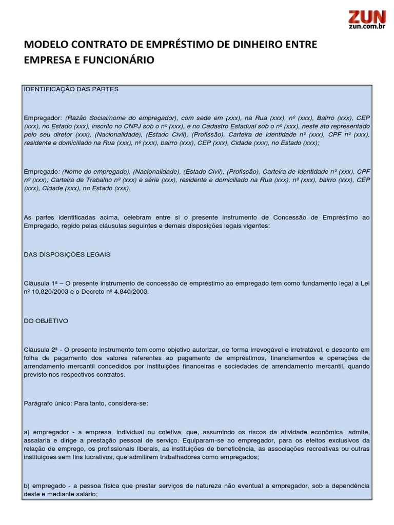 Modelo Contrato de Empréstimo de Dinheiro Entre Empresa e Funcionário ...