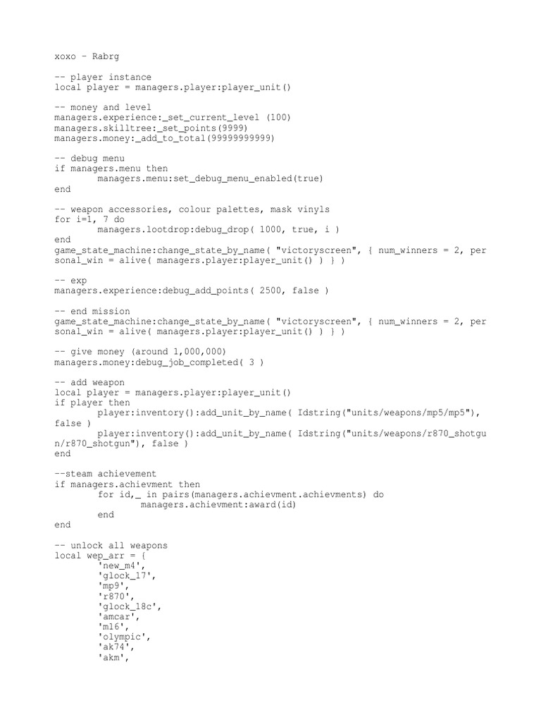 Payday 2 Lua Script for Debugging | PDF | Rifle | Military Technology