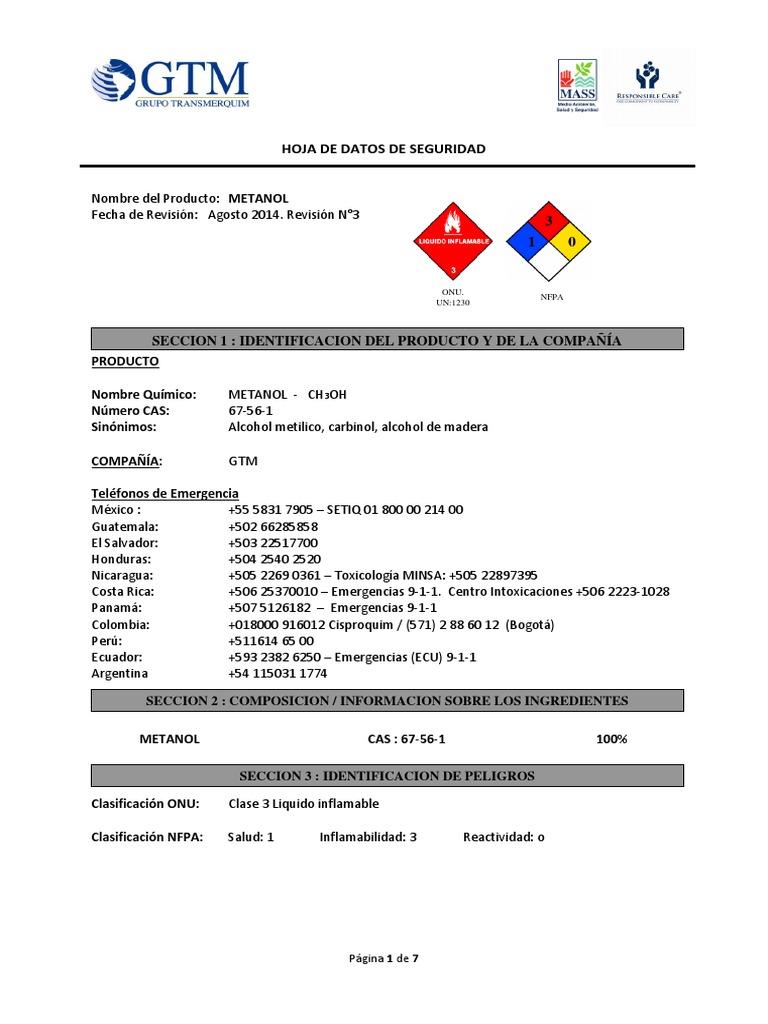 Ficha de Seguridad del Metanol | PDF | Formaldehído | Agua