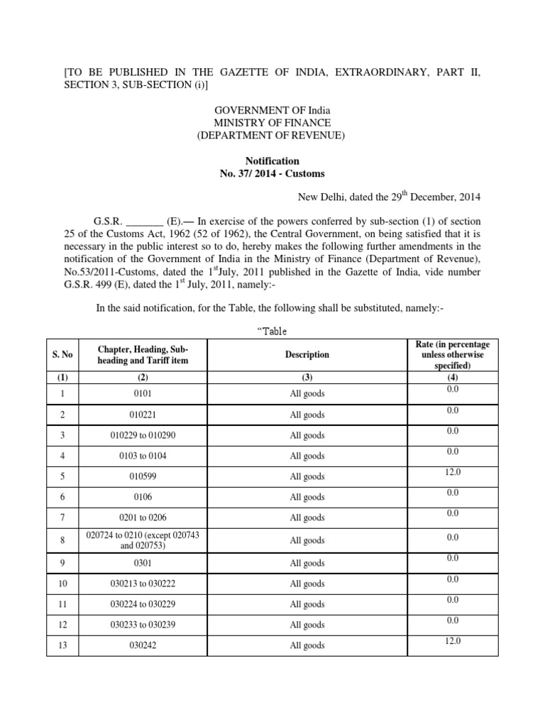 Customs Tariff Notifications No.37/2014 Dated 29th December, 2014 | PDF ...