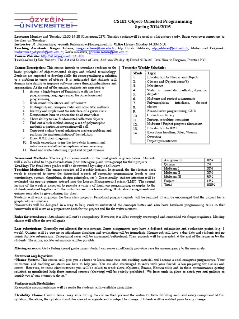 CS102 Spring2014 15 Syllabus | PDF | Class (Computer Programming ...