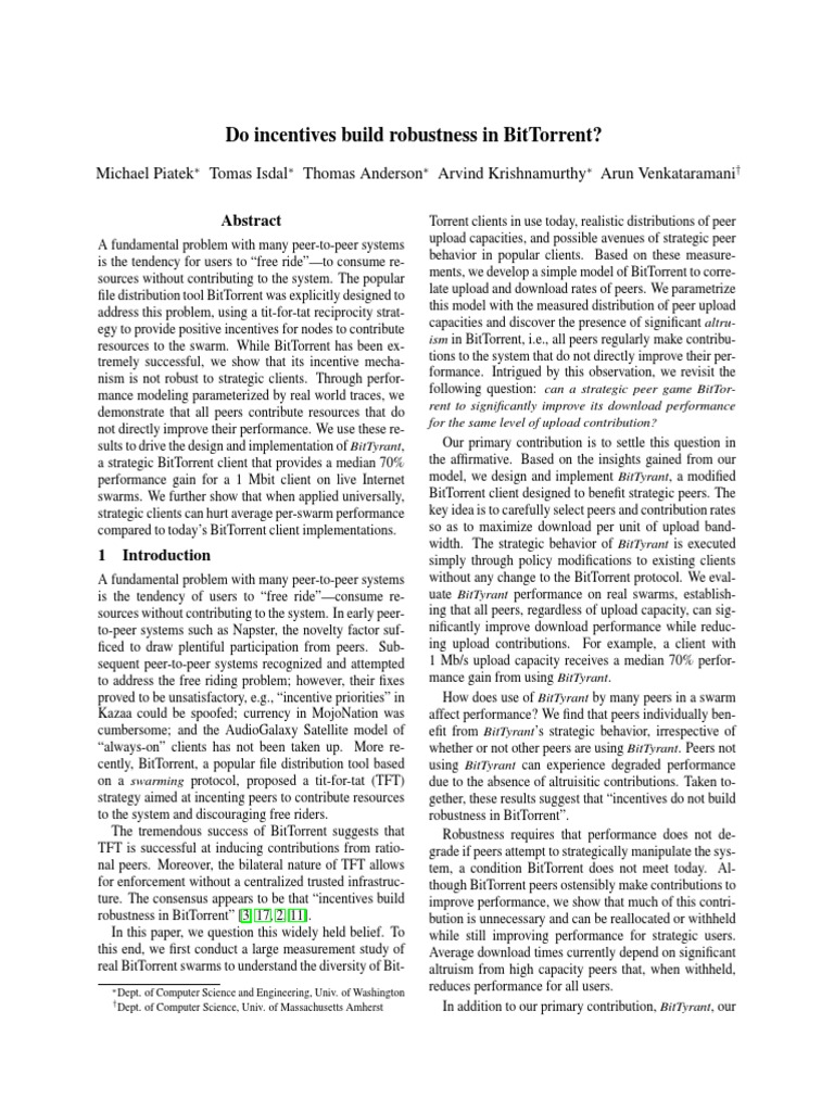 Do Incentives Build Robustness in Bittorrent? | PDF | Computing | Internet