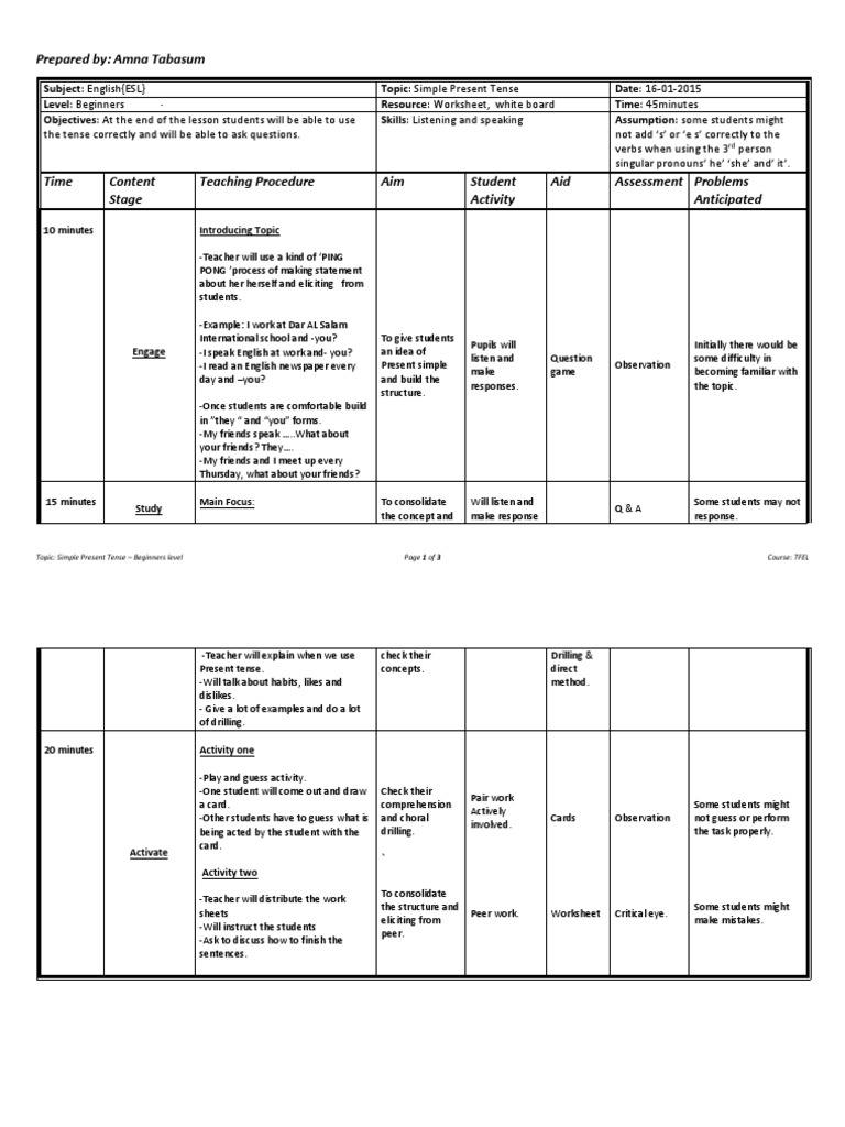 Lesson Plan Beginners Simple Present Tense | PDF | English Language ...