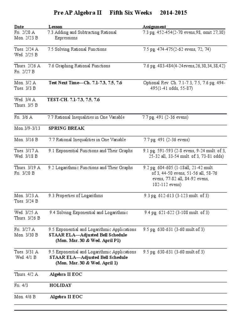 Pre AP Algebra II Lesson Plan 2014-2015 | PDF | Function (Mathematics ...