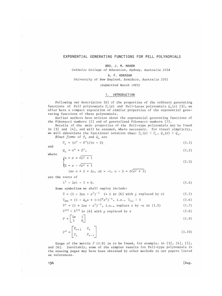 Exponential Generating Functions For Pell Polynomials | PDF | Mathematical Relations ...