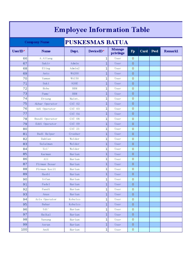 Employee Information Table: Puskesmas Batua | PDF
