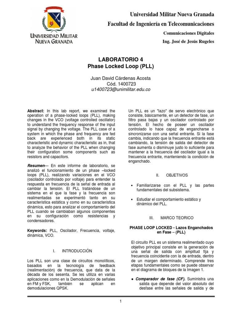 Análisis del funcionamiento estático y dinámico de un circuito Phase Locked Loop (PLL) mediante ...