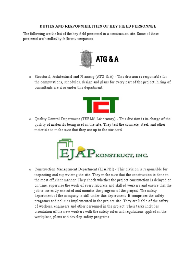 Duties and Responsibilities of Key Field Personnel | PDF