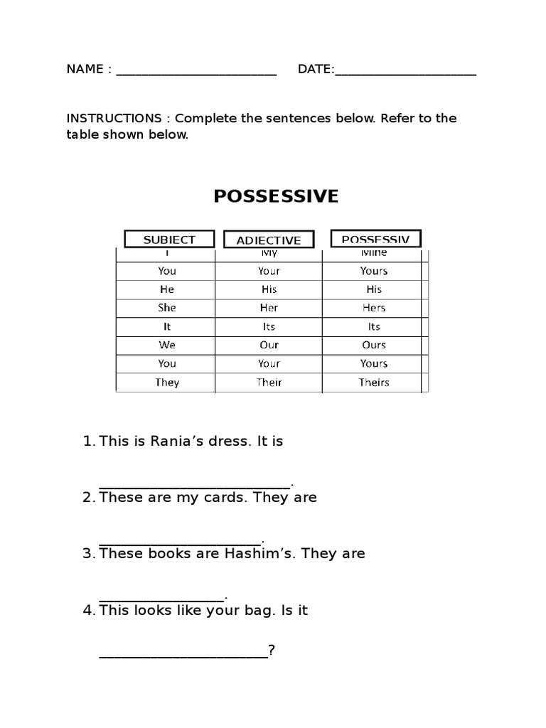 Possessive Pronouns & Adjectives Worksheet | PDF | Language Arts ...