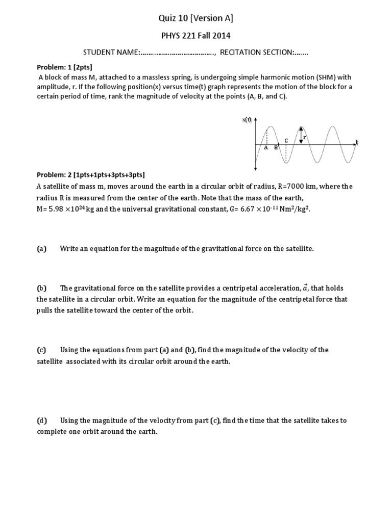 Quiz 10 Simple Harmonic Motion | PDF | Orbit | Acceleration