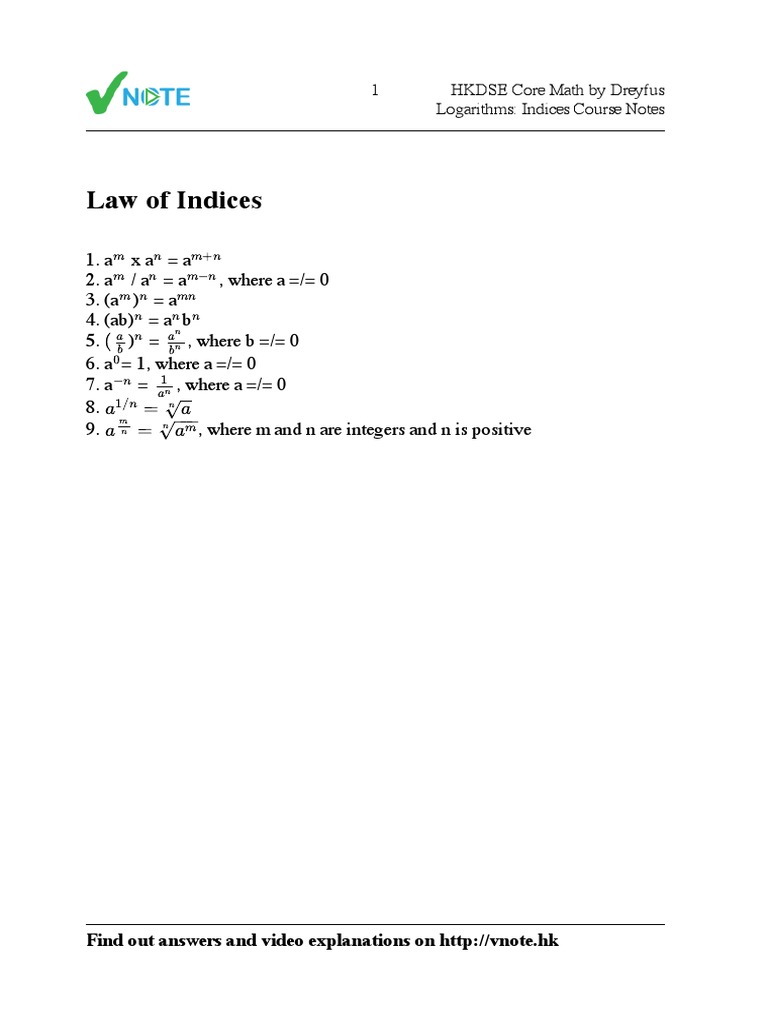 HKDSE Math Logarithms Indices Notes | PDF