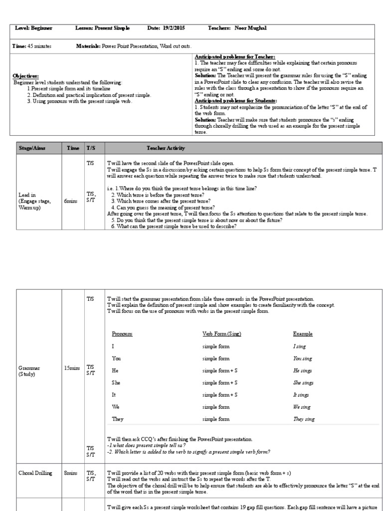 2 Present Simple Lesson Plan | PDF | Verb | Lesson Plan