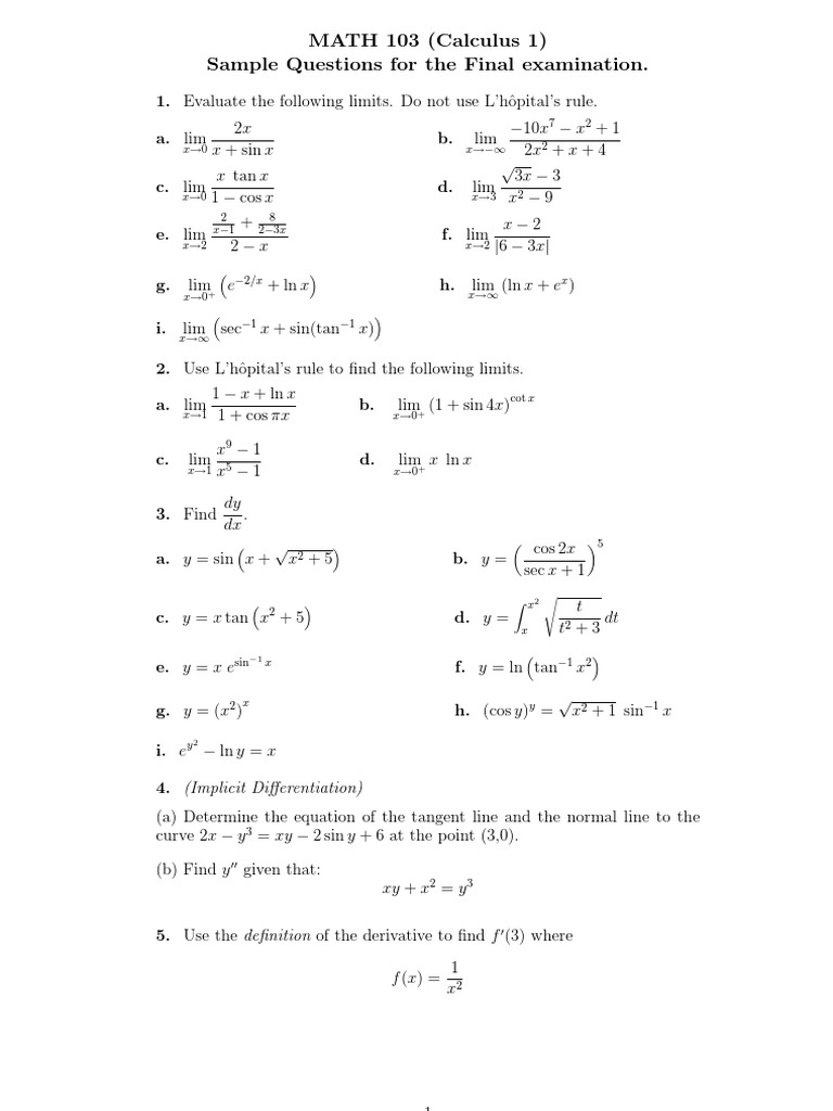 Math 103 Calculus 1 Sample Questions For The Final Examination