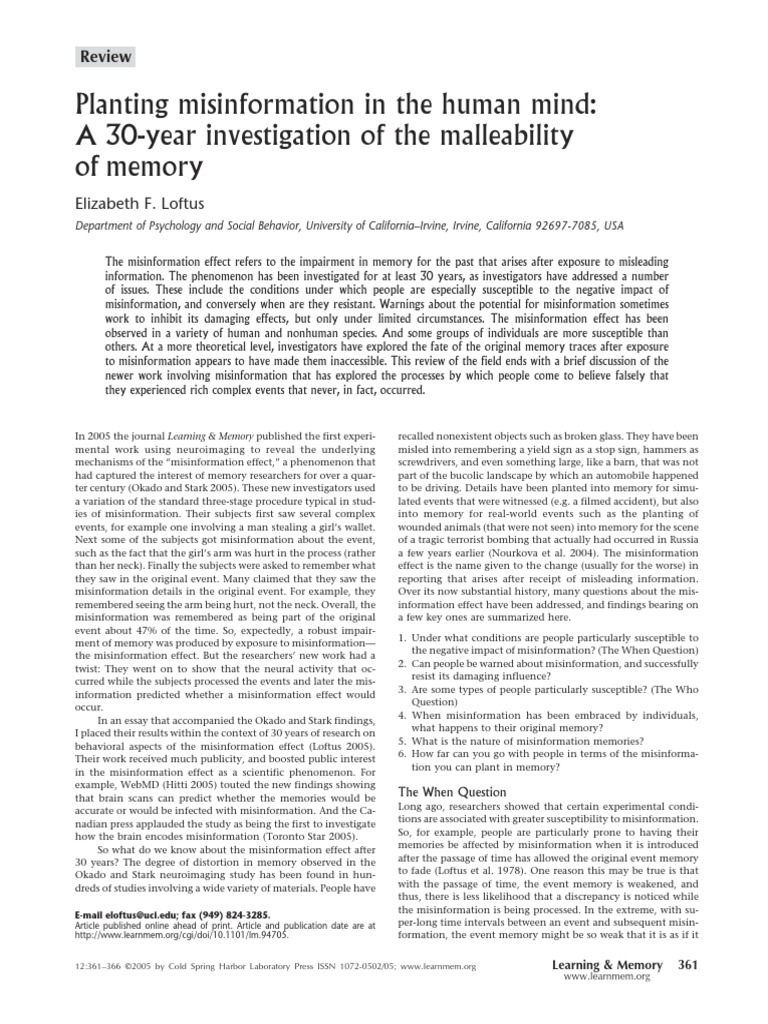 Malleability of Memory | PDF | Recall (Memory) | Memory