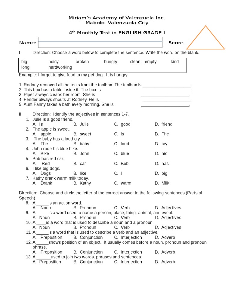 New 4th MT Grade 1 | Download Free PDF | Noun | Adjective