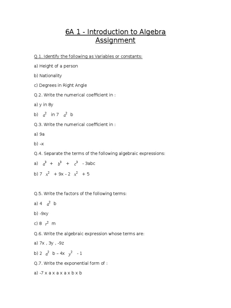 Class6 Introduction To Algebra, Assignment2 | PDF