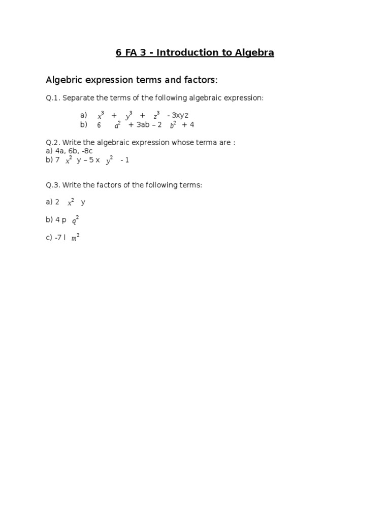 Class 6 Introduction To Algebra, Worksheet 3 | PDF | Teaching Methods ...