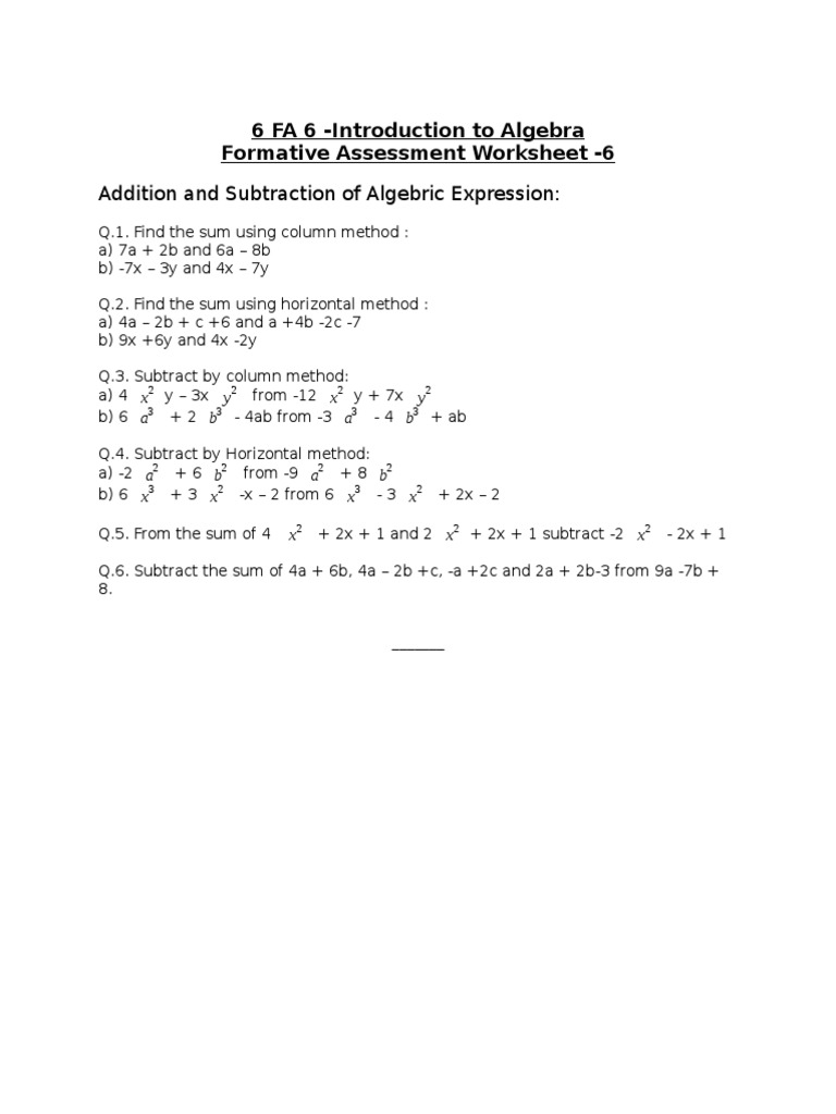 Class 6 Algebra Introduction Worksheet | PDF