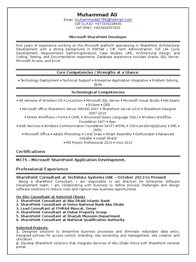 Muhammad Ali Resume | PDF | Share Point | Microsoft Visual Studio