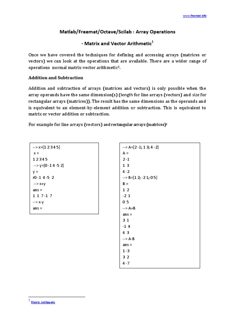 Array Operations - Matrix and Vector Arithmetic in Matlab, Freemat and ... Array Operations - Matrix and Vector Arithmetic in Matlab, Freemat and ...