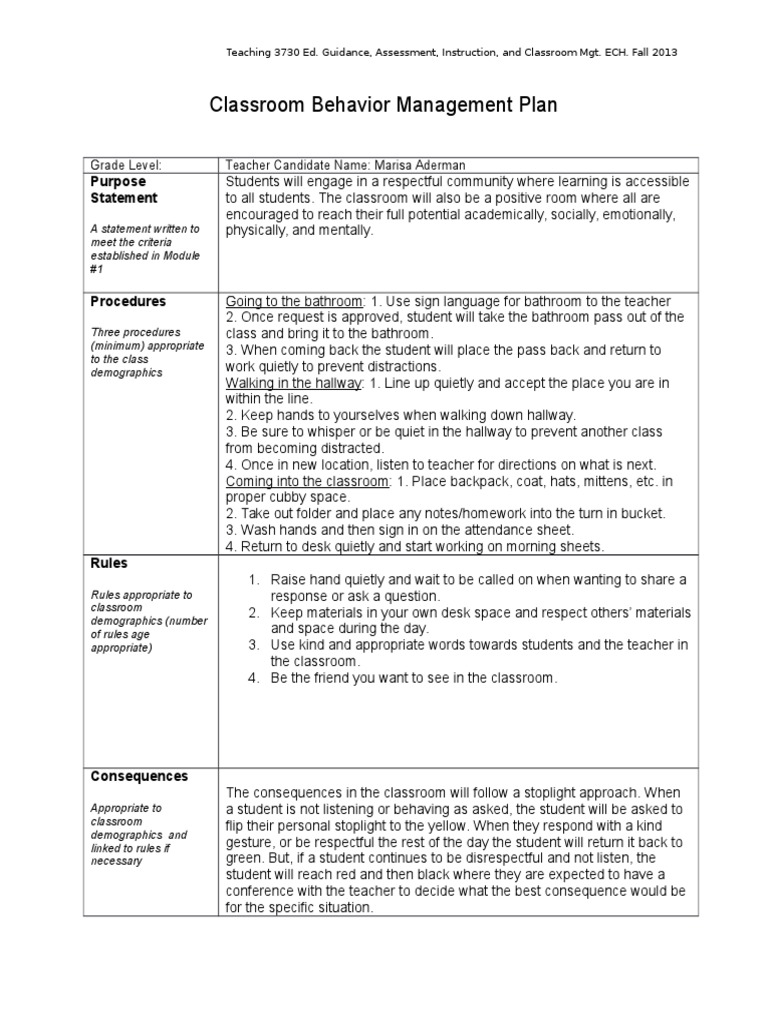 Classroom Behavior Management Plan | PDF | Classroom | Communication