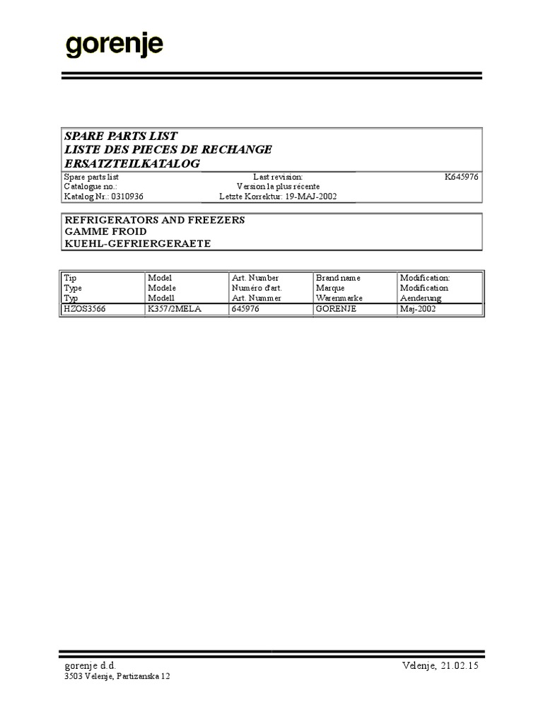 Gorenje k357 2mela Service Manual | PDF | Refrigerator | Components