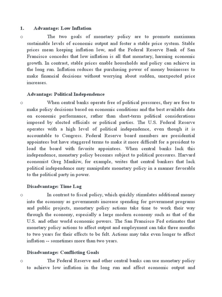 Advantages Disadvantages of Monetary Policy | PDF | Monetary Policy ...