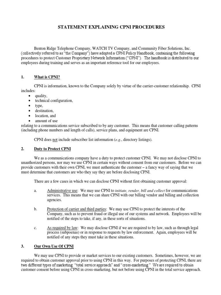 Statement Explaining CPNI Procedures PDF | PDF | Identity Document ...