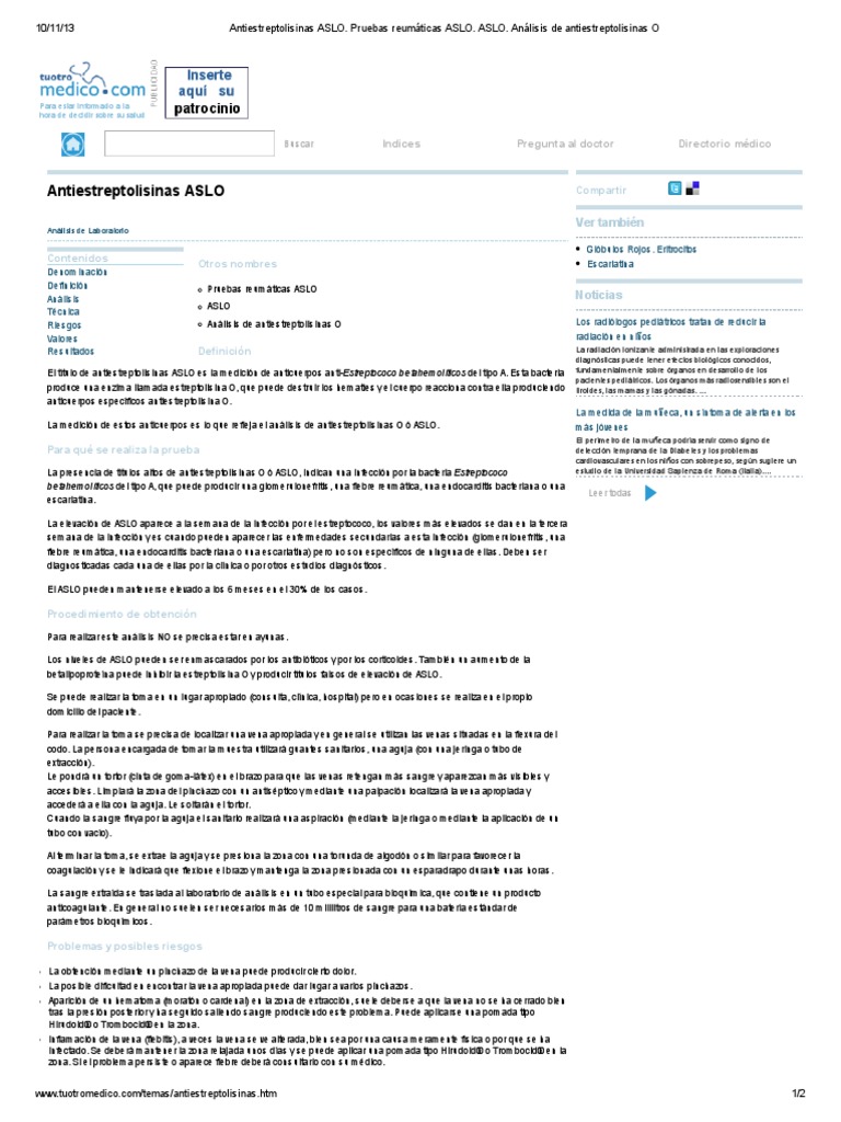 Antiestreptolisinas ASLO. Pruebas Reumáticas ASLO. ASLO | Enfermedades ...