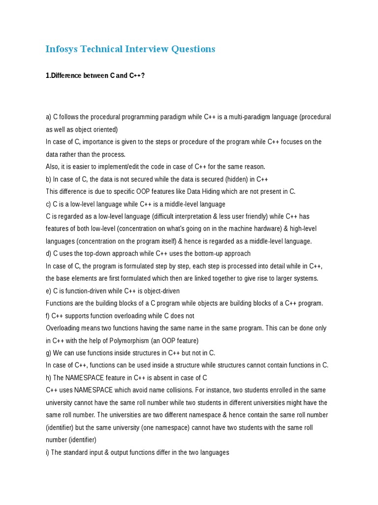 Infosys Technical Interview Questions | PDF | Relational Database | C++