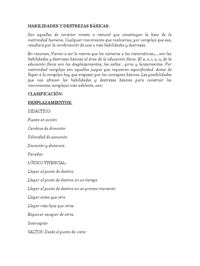Habilidades y Destrezas Básicas | PDF | Movimiento (física) | Evolución