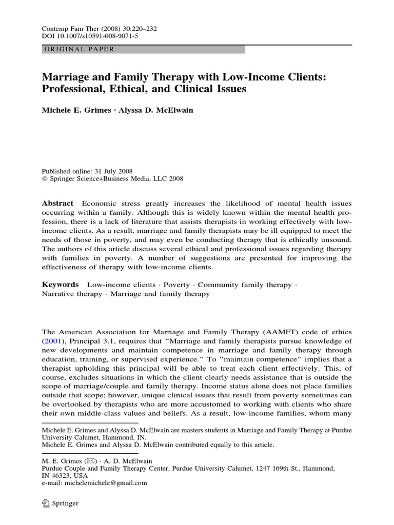 Marriage and Family Therapy With Low-Income Clients - Professional ...