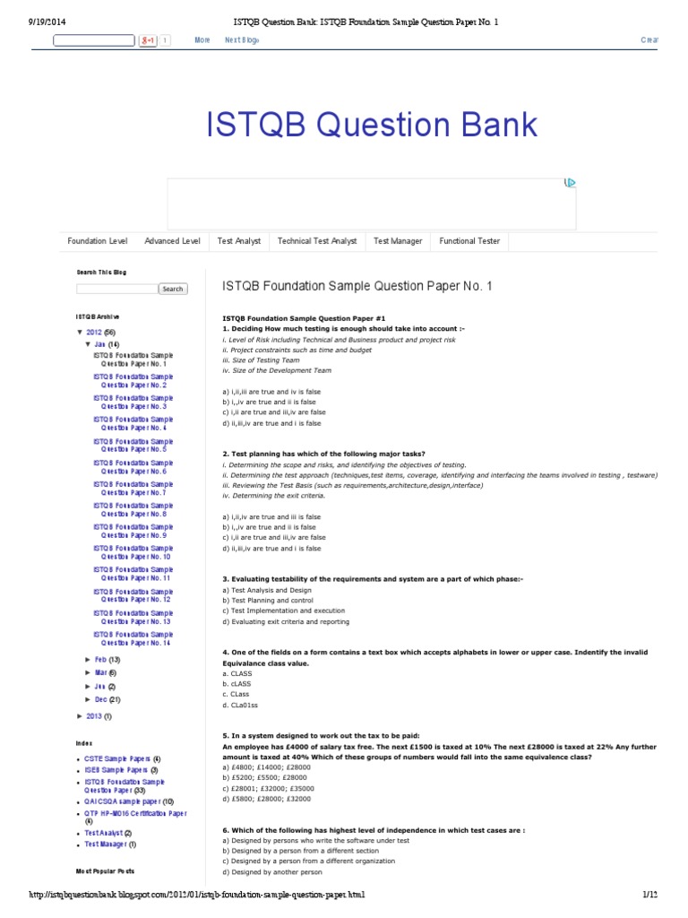 ISTQB Question Bank - ISTQB Foundation Sample Question Paper No PDF ...