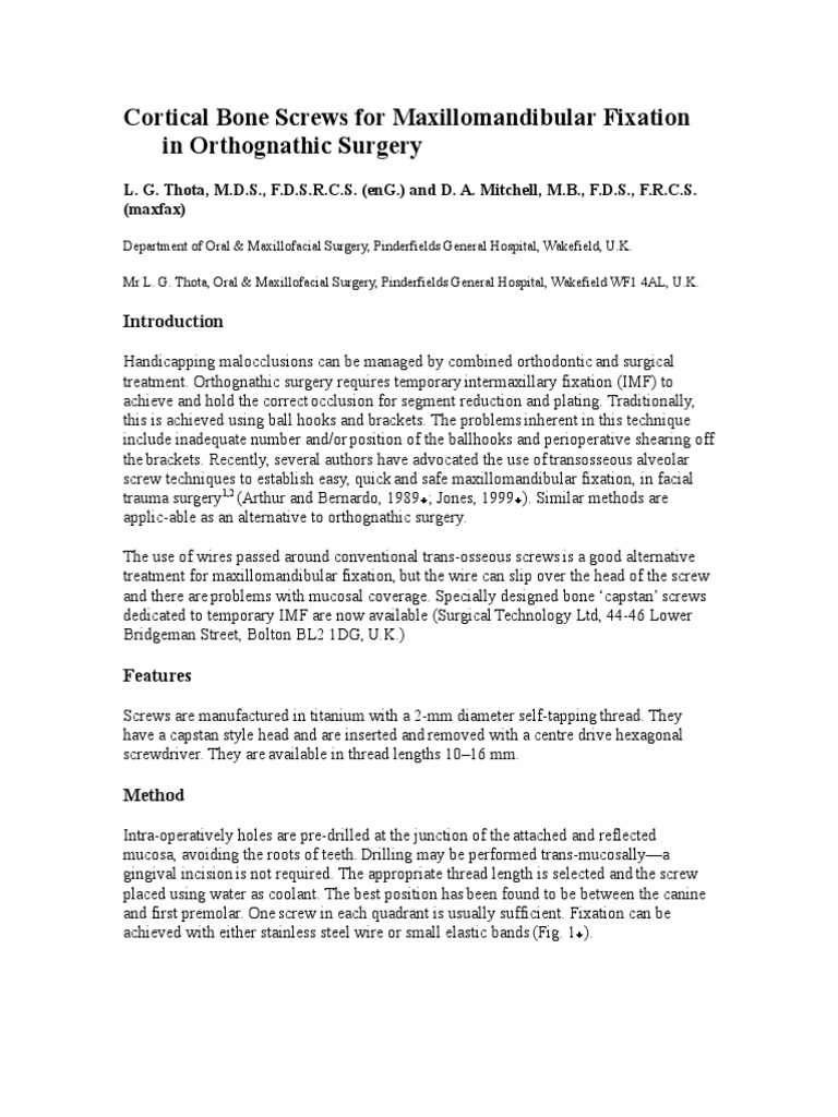 Cortical Bone Screws For Maxillomandibular Fixation in Orthognathic ...