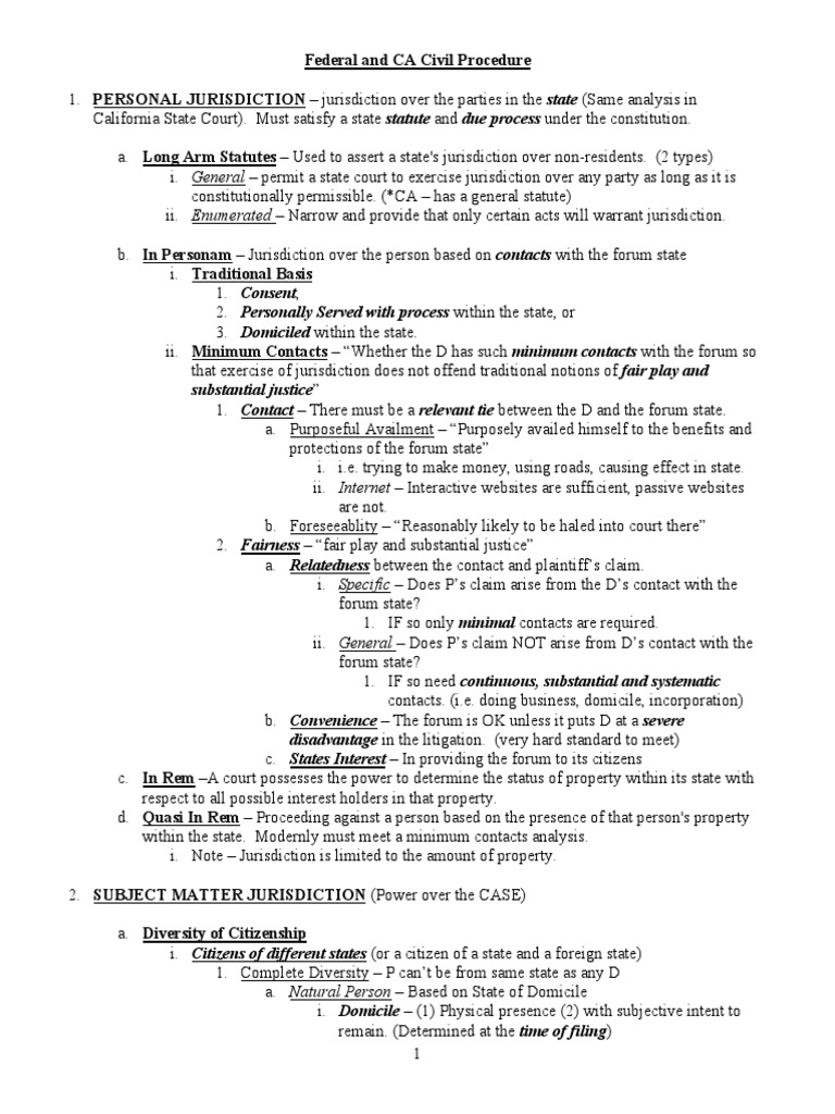 Bar - Civil Procedure Outline W - California Distinctions | PDF ...