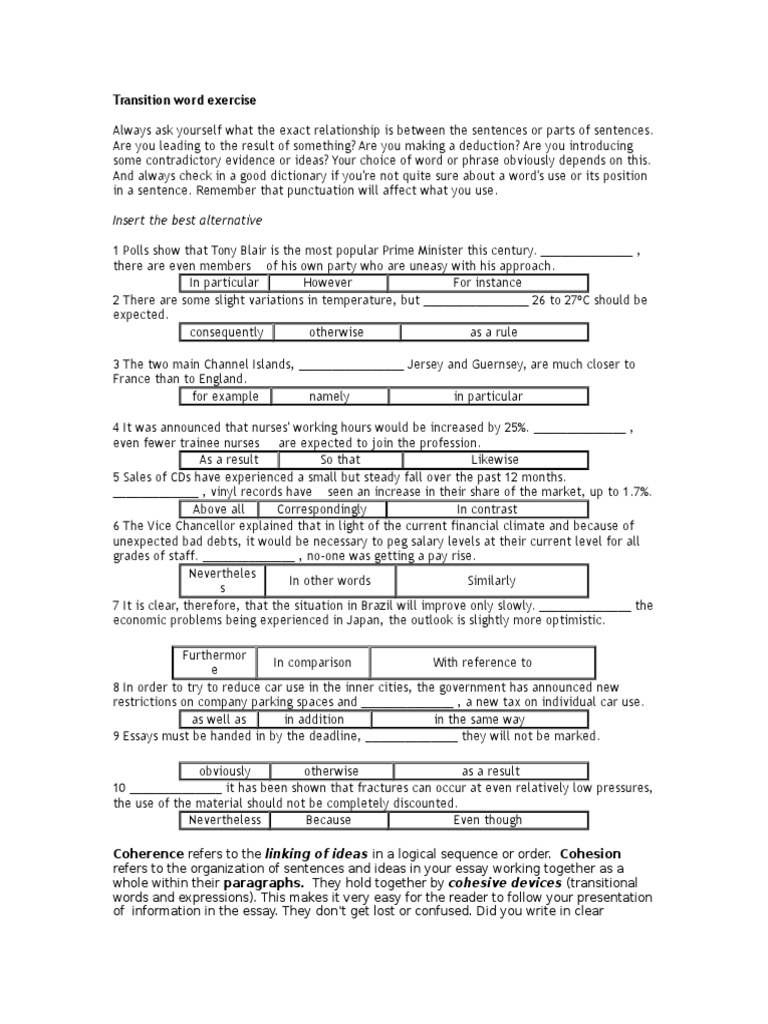 Mastering Transitional Words and Phrases: An Exercise in Improving ...