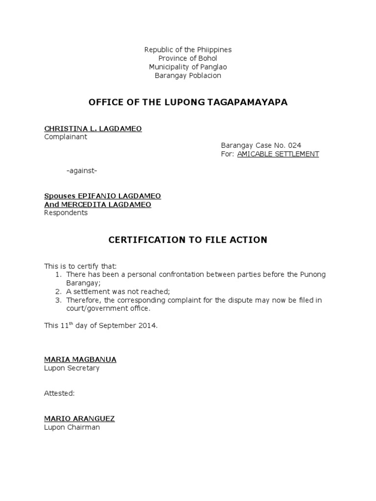 Sample of Cert To File Action | PDF