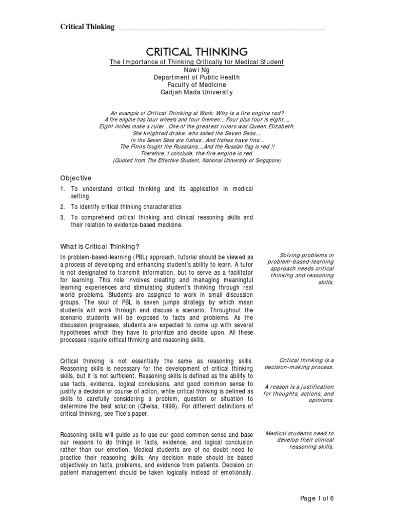 Critical Thinking Handout | PDF | Critical Thinking | Reason