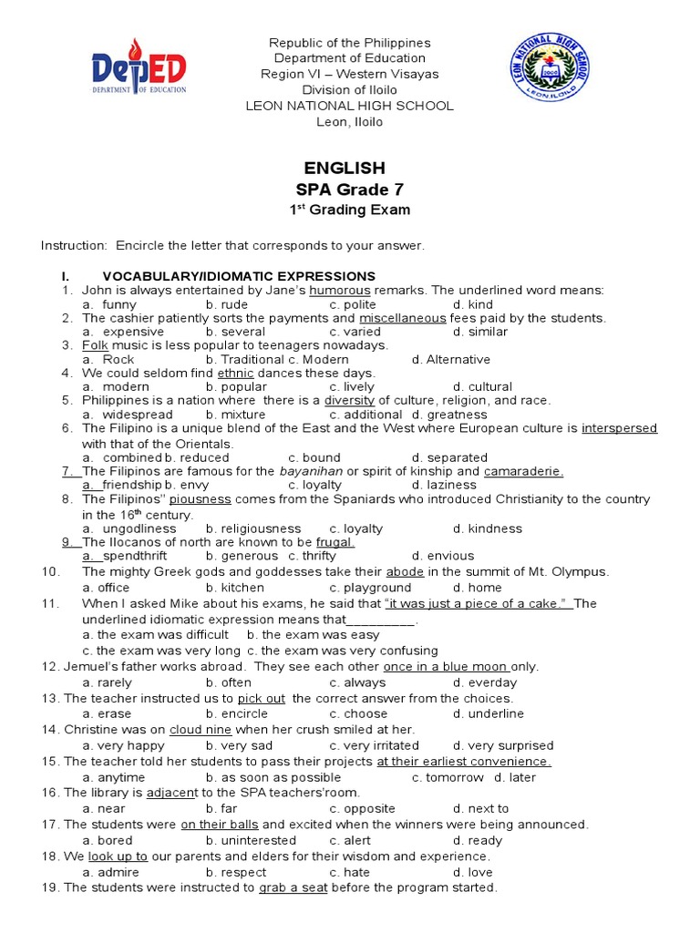 English Grade 7 1st Grading Long Test | Philippines | Religion And Belief