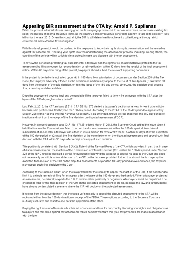 Tax Assessment Appeals at CTA Guide | PDF | Internal Revenue Service ...