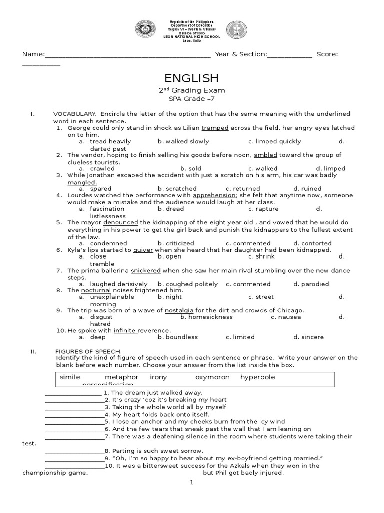 English G-7 2nd Grading Exam | PDF | Grammar | Syntax