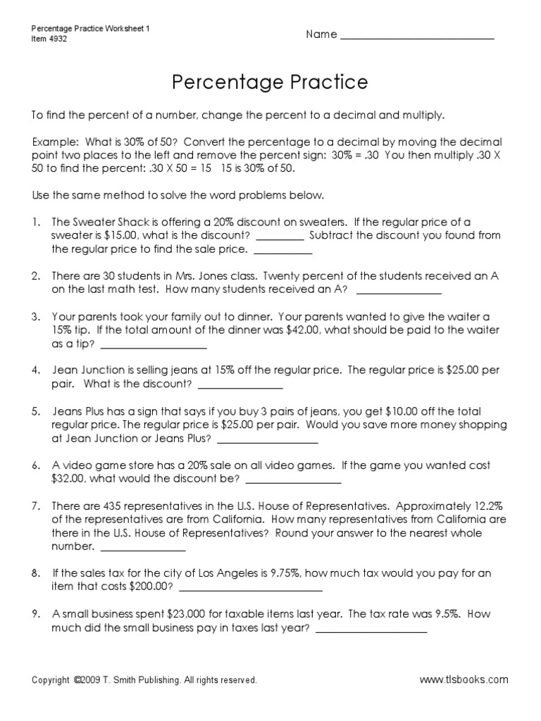 Percentage Practice Worksheet 1 Item 4932 | PDF | Percentage | Gratuity