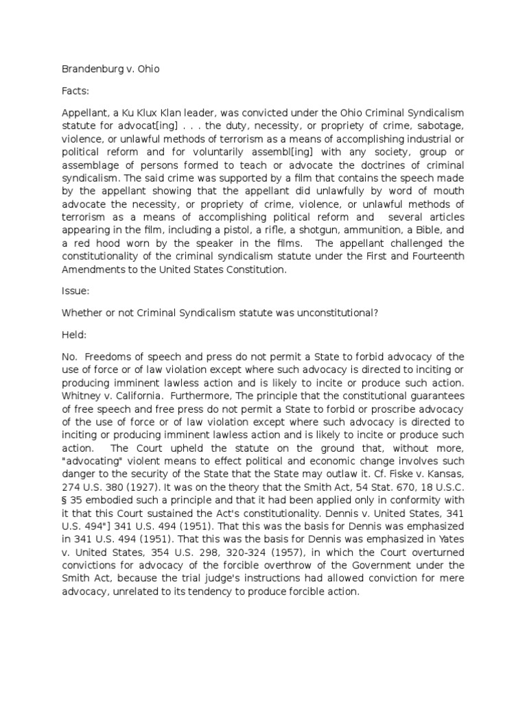 Brandenburg Vs Ohio - Digest | PDF | Civil Rights And Liberties ...