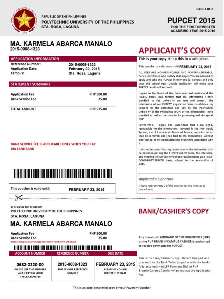 Applicant'S Copy: PUPCET 2015 | PDF | Payments | Test (Assessment)