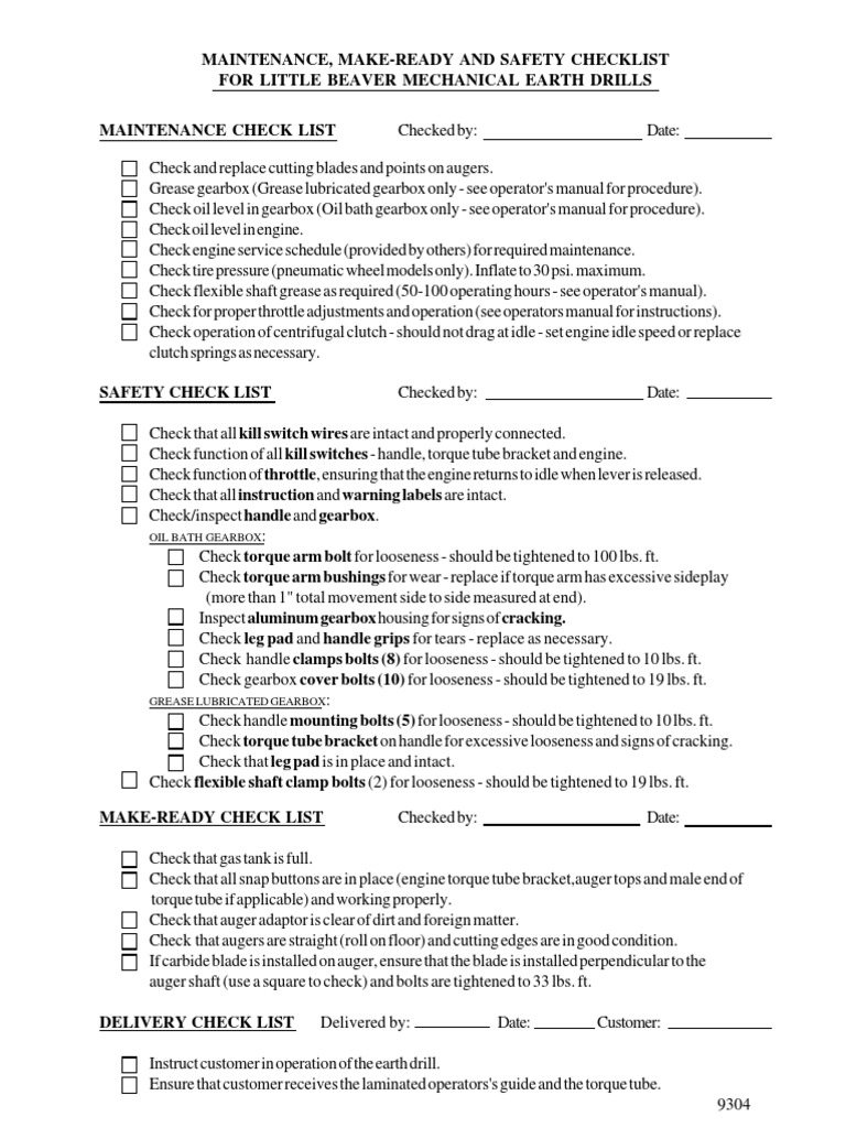 Maintenance, Make-Ready and Safety Checklist For Little Beaver ...