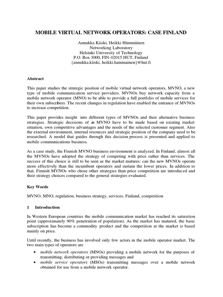 Mobile Virtual Network Operators: Case Finland | PDF | Strategic ...