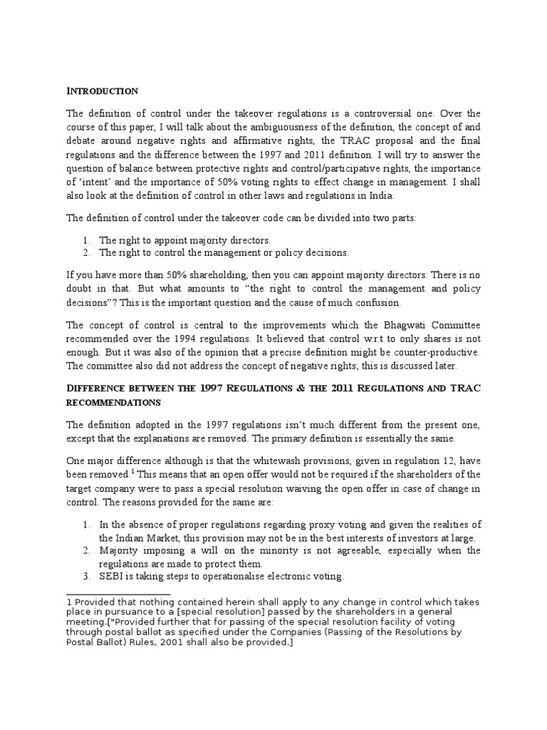 'Control' Under SAST Regulations | PDF | Takeover | Board Of Directors