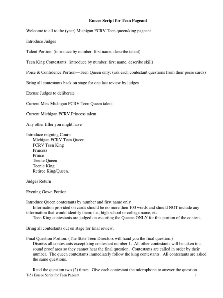 T-005a Emcee Script For Teen Pageant | PDF | Leisure