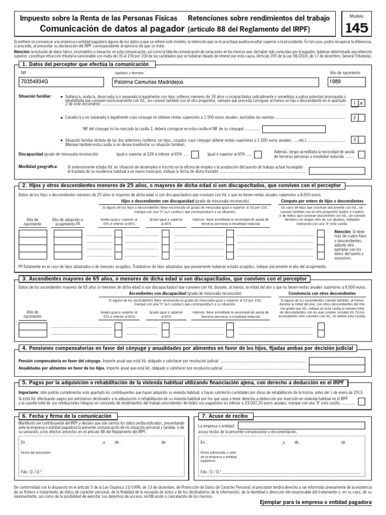 Modelo 145 | Descargar gratis PDF | Invalidez | Gobierno