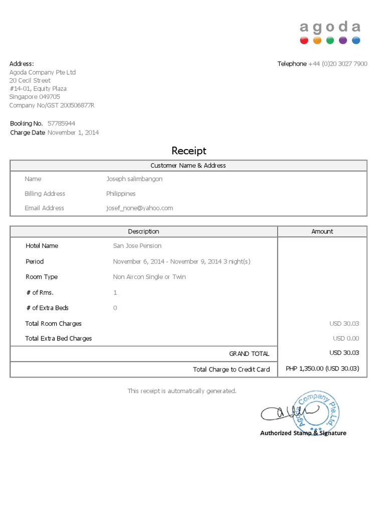 Agoda Booking Id 57785944 - Receipt | PDF